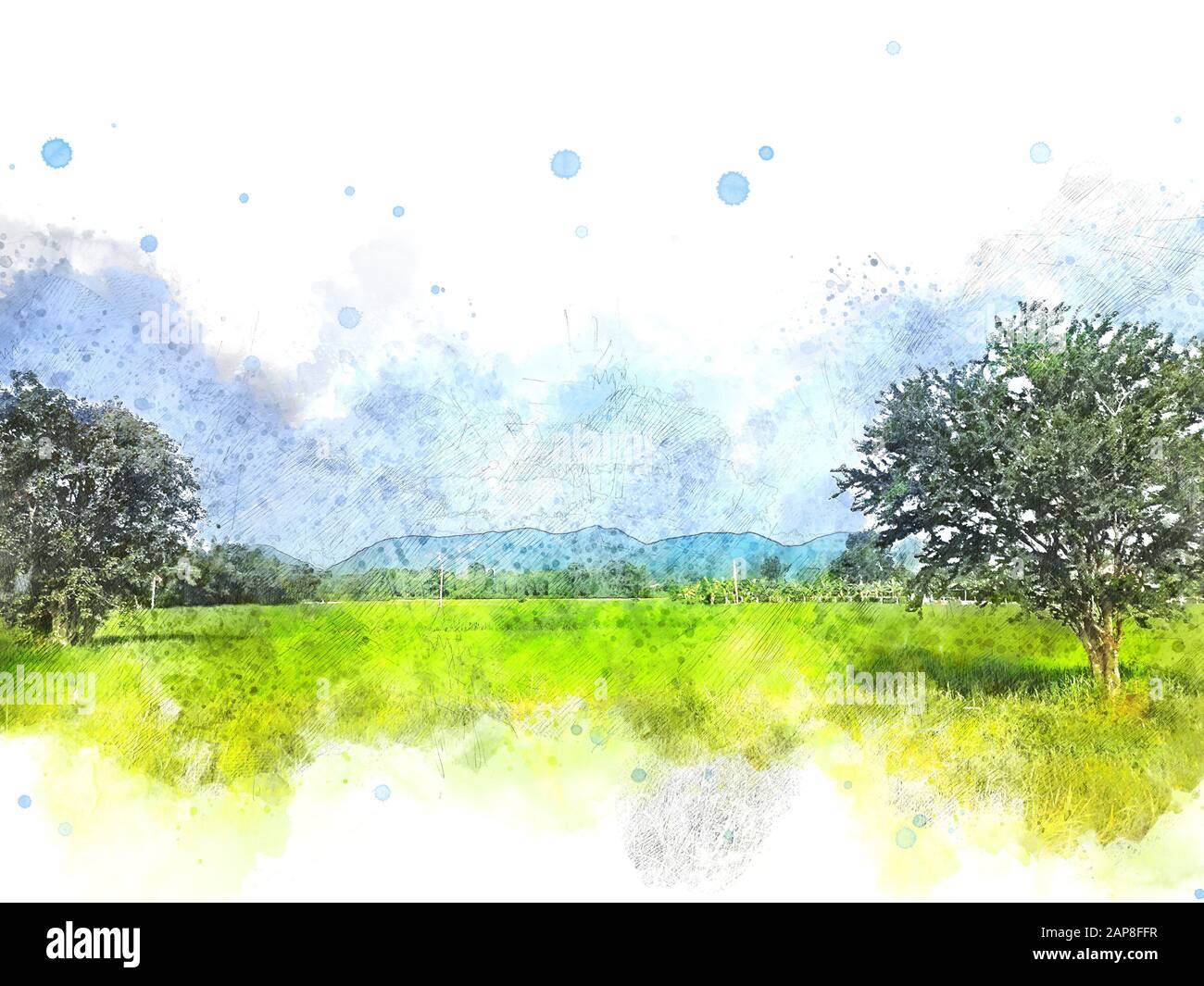 Abstract colorful shape on tree and field landscape watercolor ...