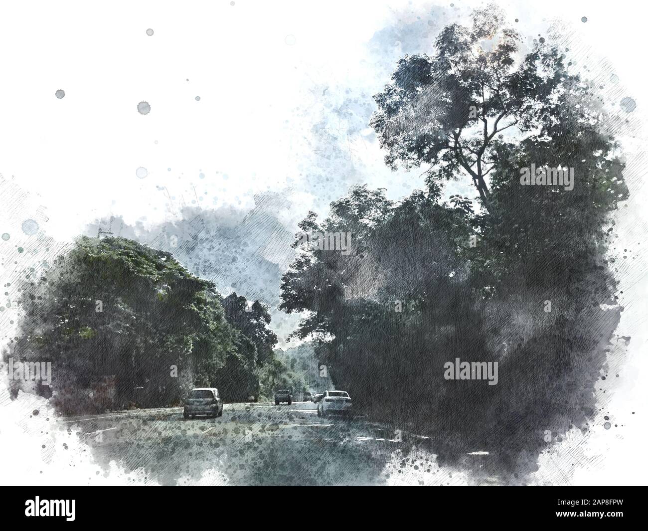 Abstract colorful tree landscape and road in forest on watercolor ...