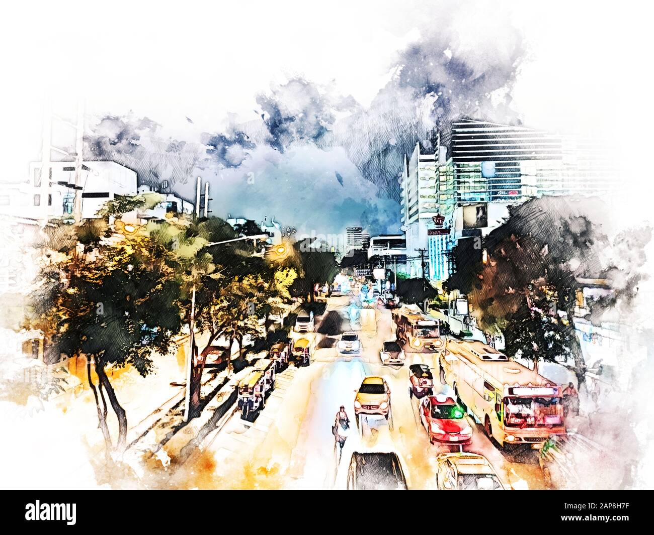 Abstract car in road and building on watercolor illustration painting ...