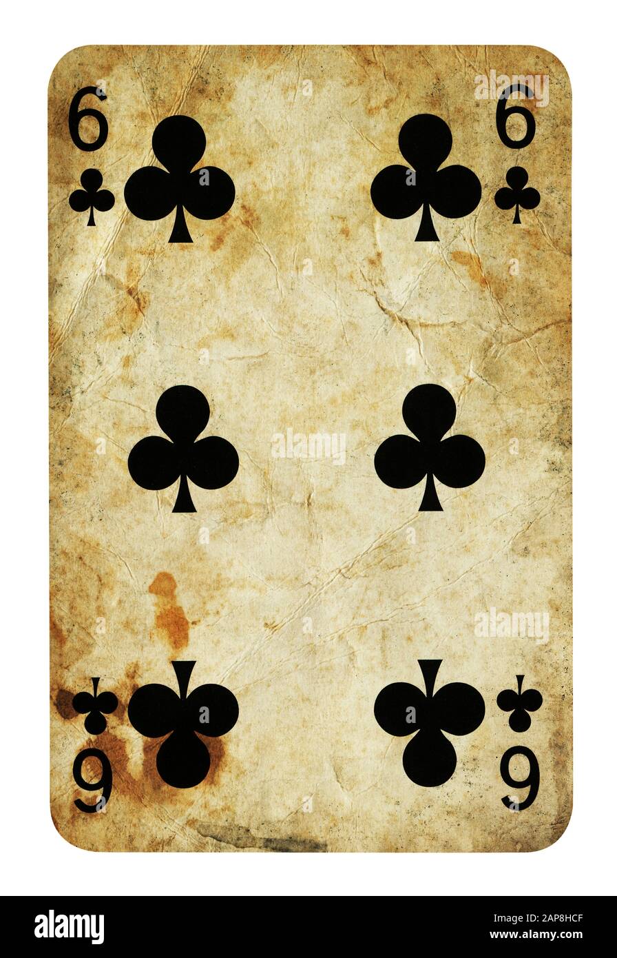 Six of Clubs Vintage playing card - isolated on white (clipping path ...