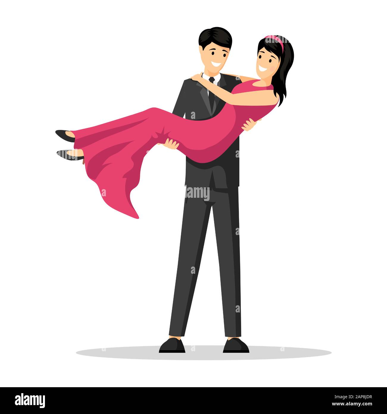 Man carrying woman flat vector illustration. Happy boyfriend in suit ...