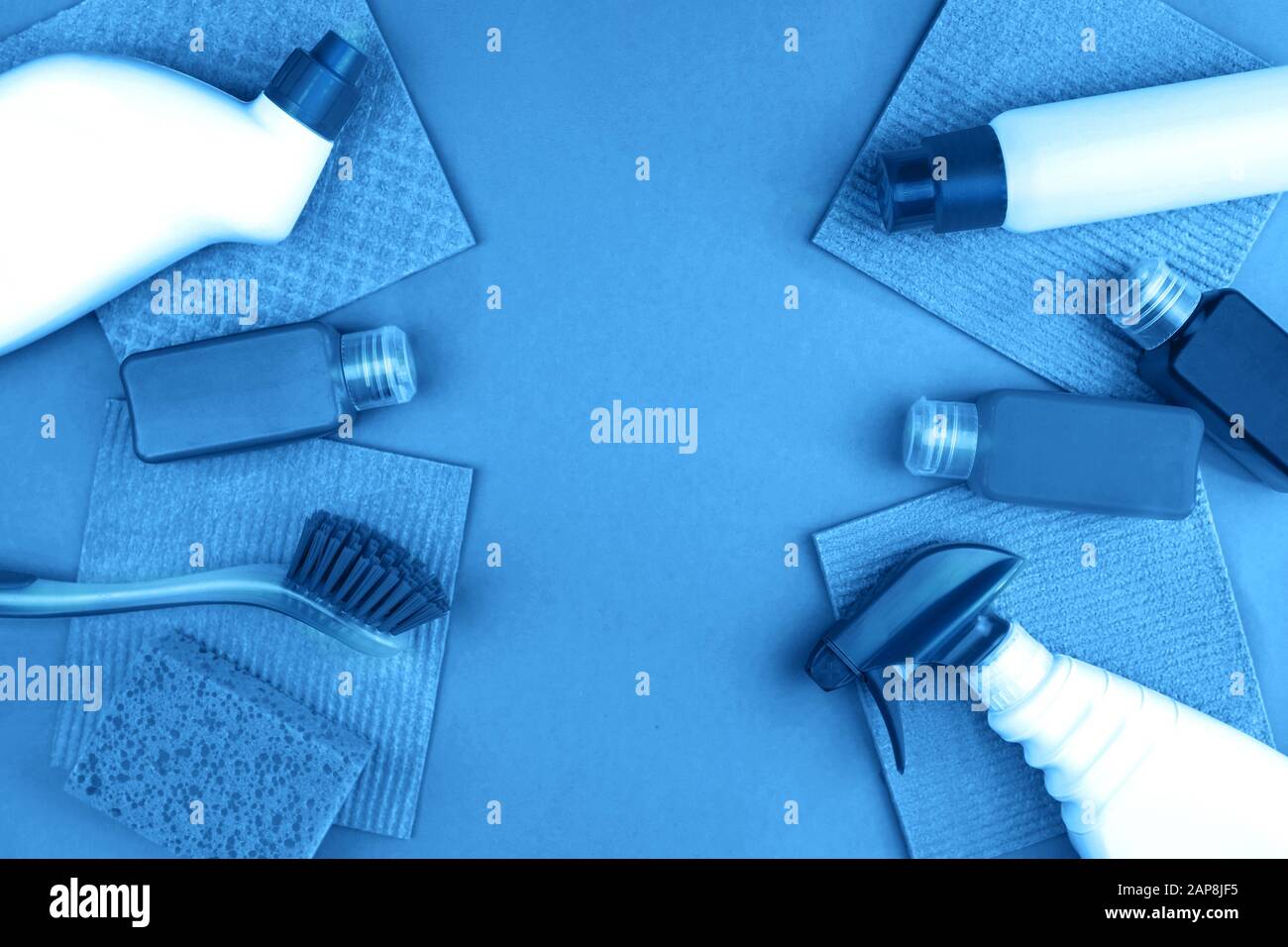 House cleaning products are on blue background. Cleaning concept Stock ...