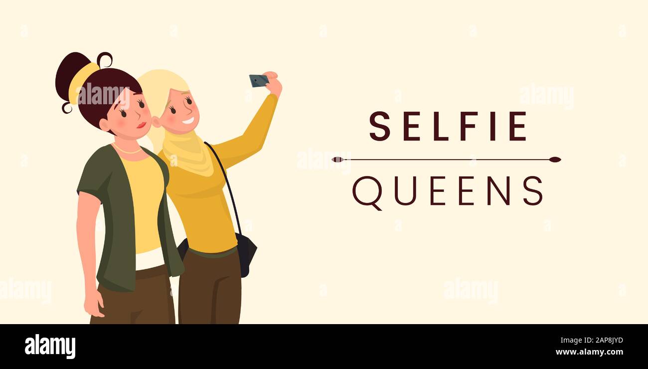 Selfie queens flat vector banner template. Young girls taking photo ...