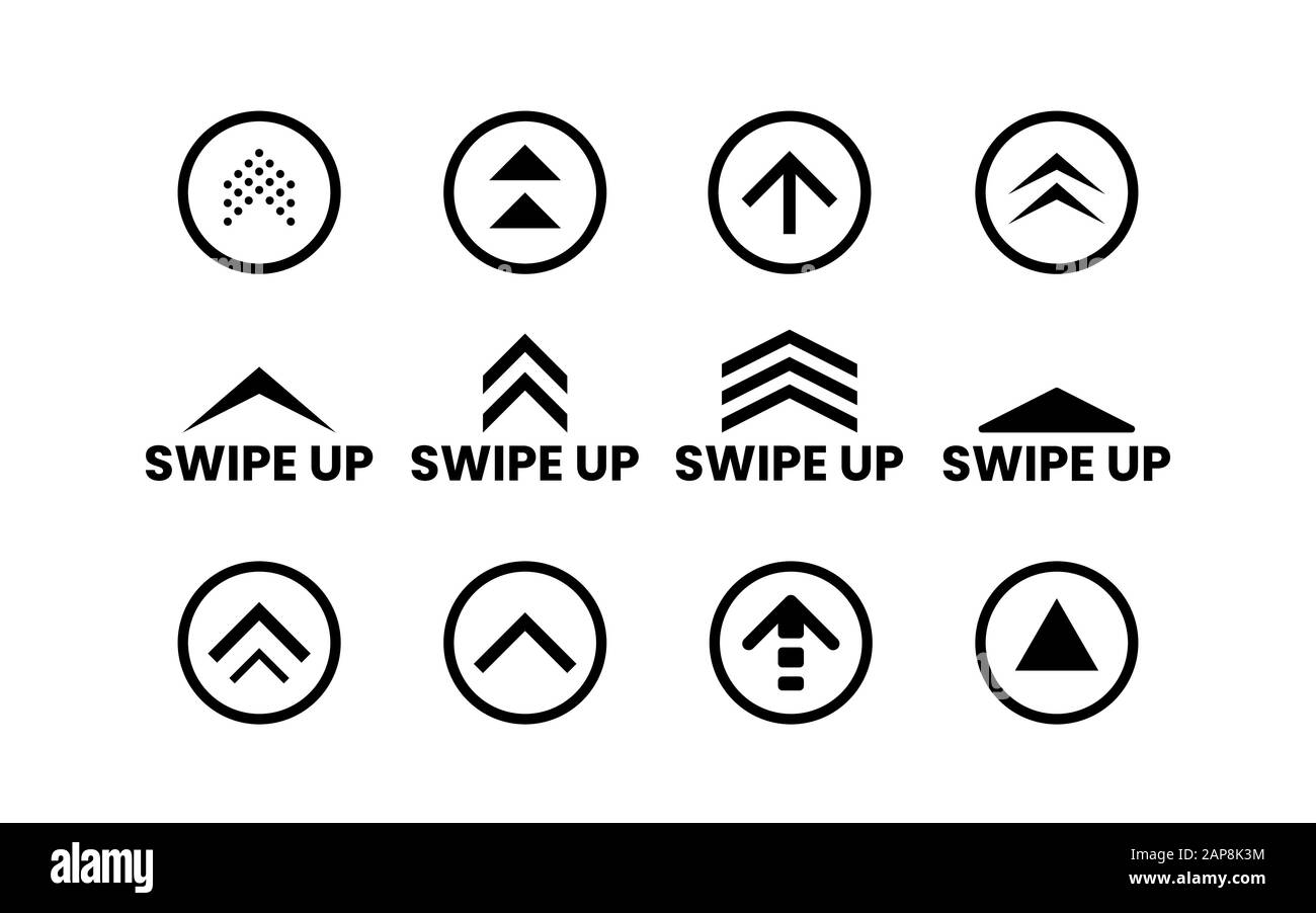 Swipe up set on white backdrop. Social media or application icons. Black buttons collection ...