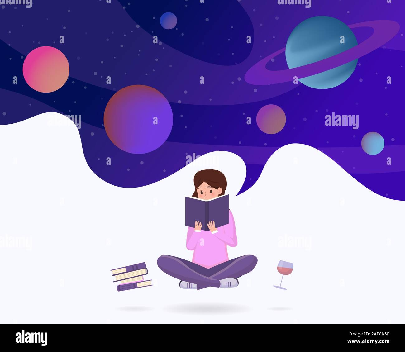 Immersed in reading abstract vector illustration. Young girl in lotus ...