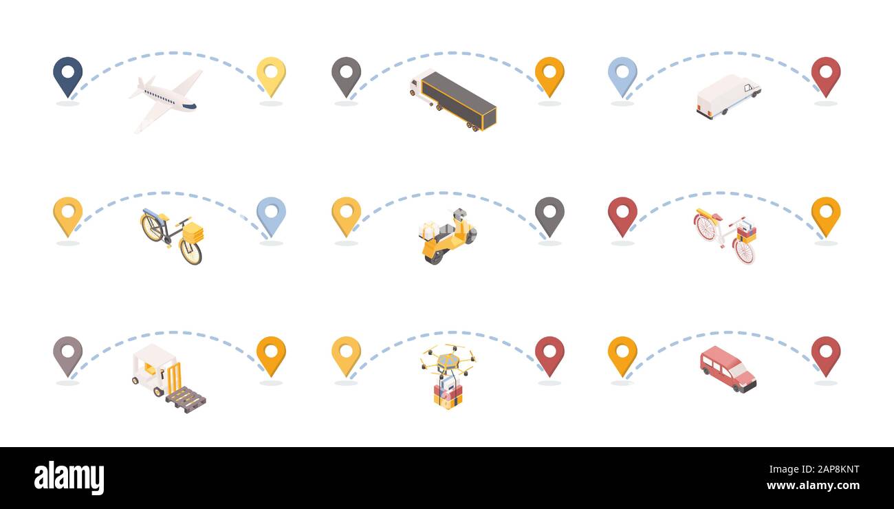 Parcels delivery routes isometric illustrations set. Shipment ...