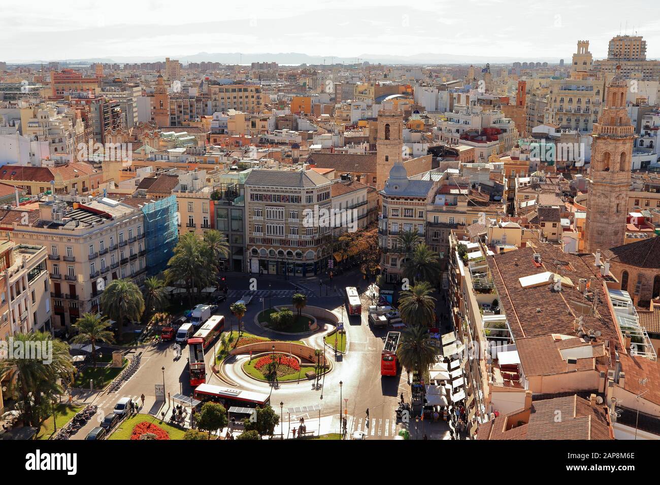 Above the roofs of Valencia, Spain. Aerial view of the historic ...