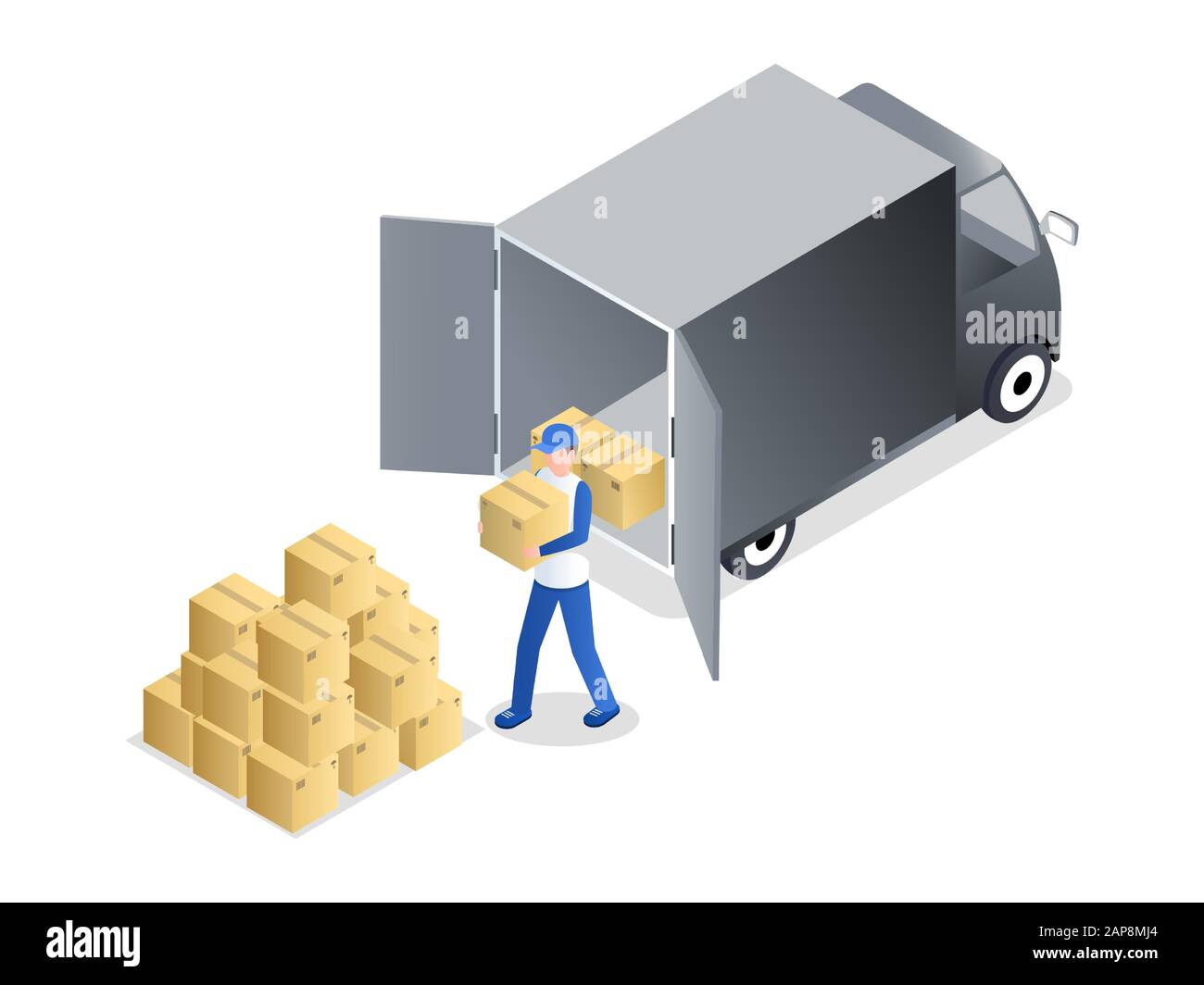 Porter unloading cargo isometric vector illustration. Delivery service worker in uniform ...
