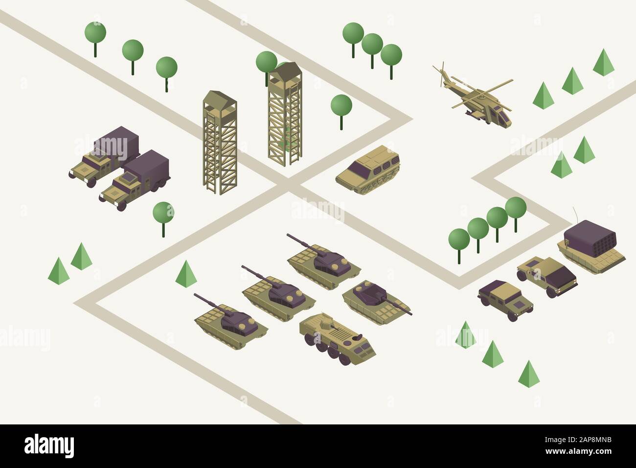 Military base isometric vector illustration. Combat training camp with watchtowers, heavy ...