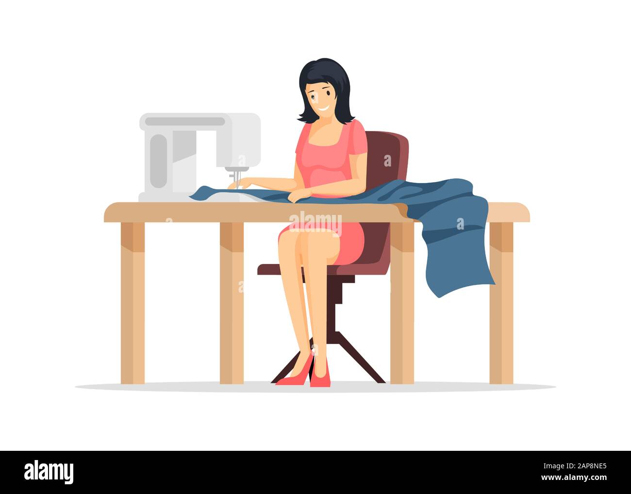 Dressmaking process flat vector illustration. Young sewing factory ...