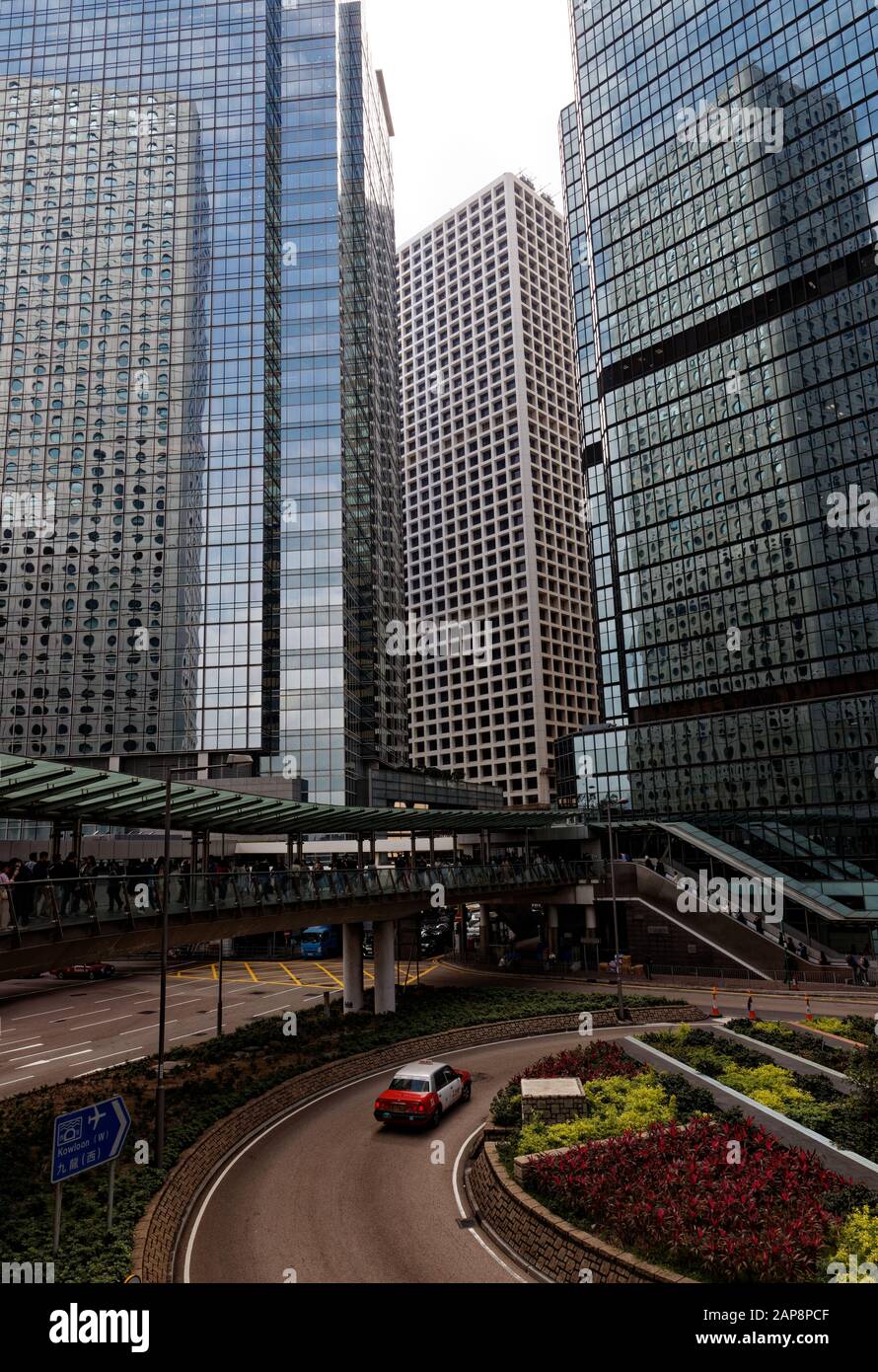 Central Hong Kong walkway and office buildings on Connaught Road Stock ...