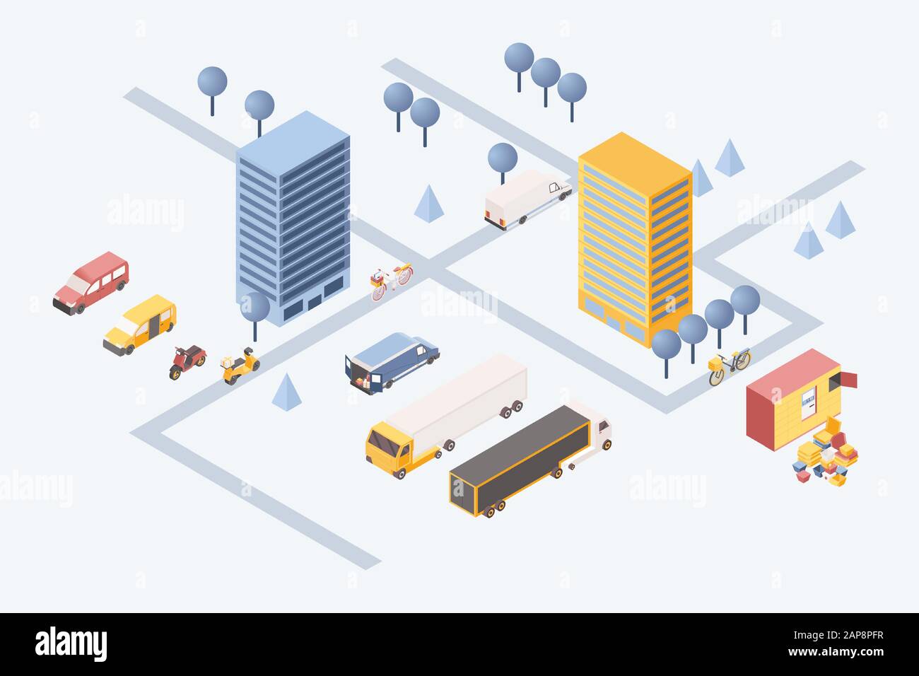 City goods delivery isometric illustration. 3d residential area with ...