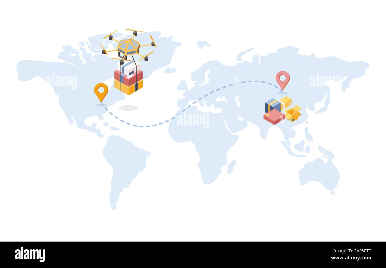 International drone delivery isometric illustration. Cartoon map with ...