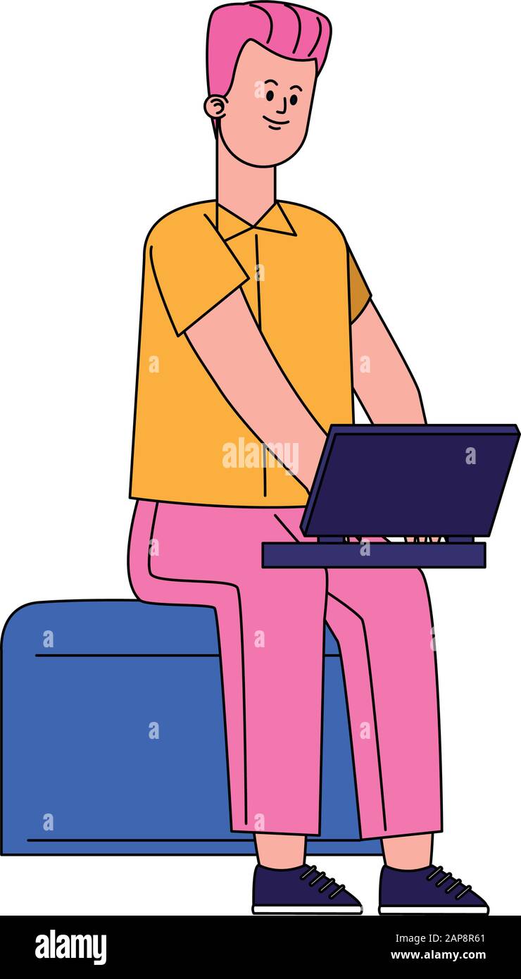 cartoon man sitting using a laptop computer, colorful design Stock ...
