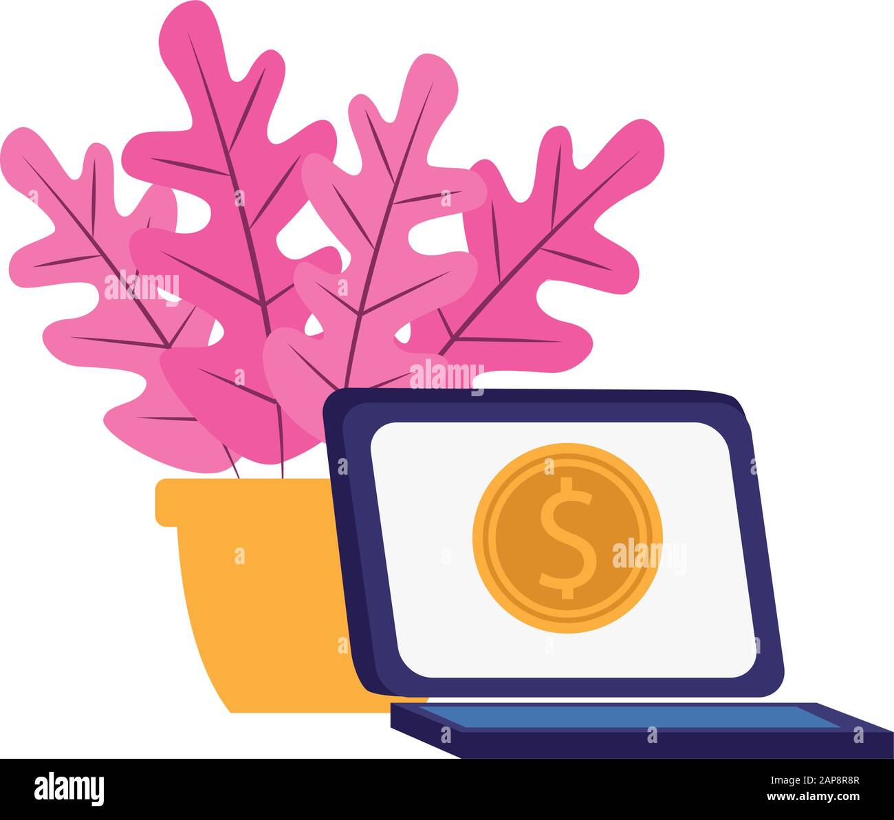 laptop computer and plant in a pot, colorful design Stock Vector Image ...