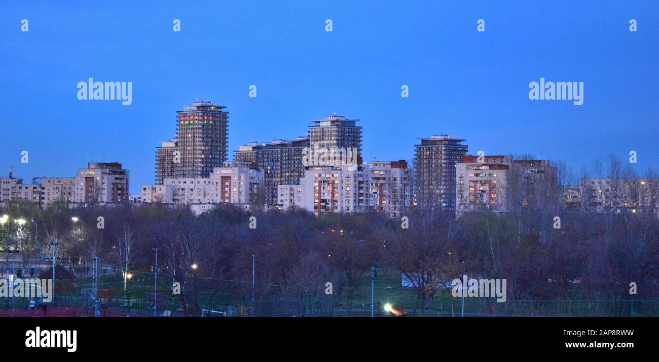 cityscape with apartment buildings in Bucharest Romania, view from ...