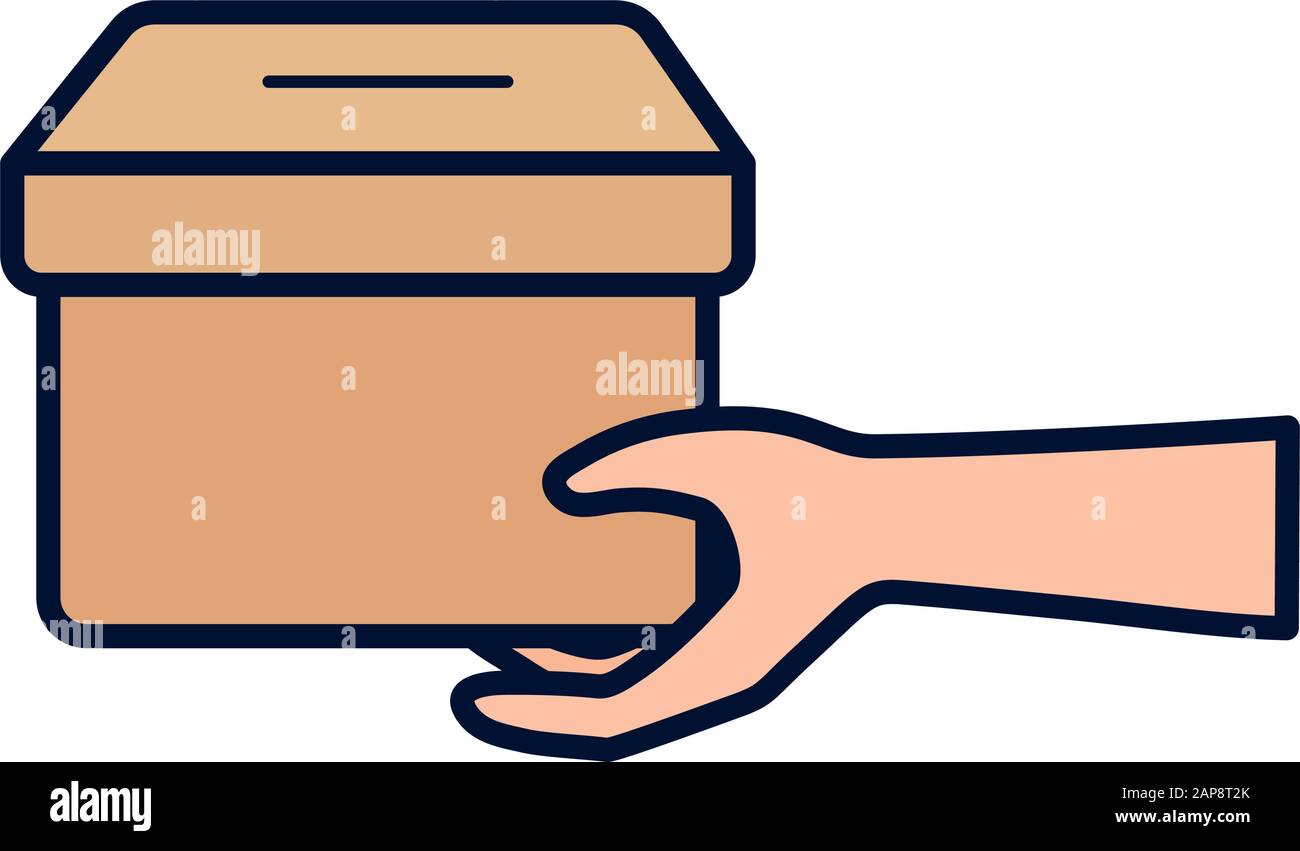 hand holding cardboard box charity and donation vector illustration ...
