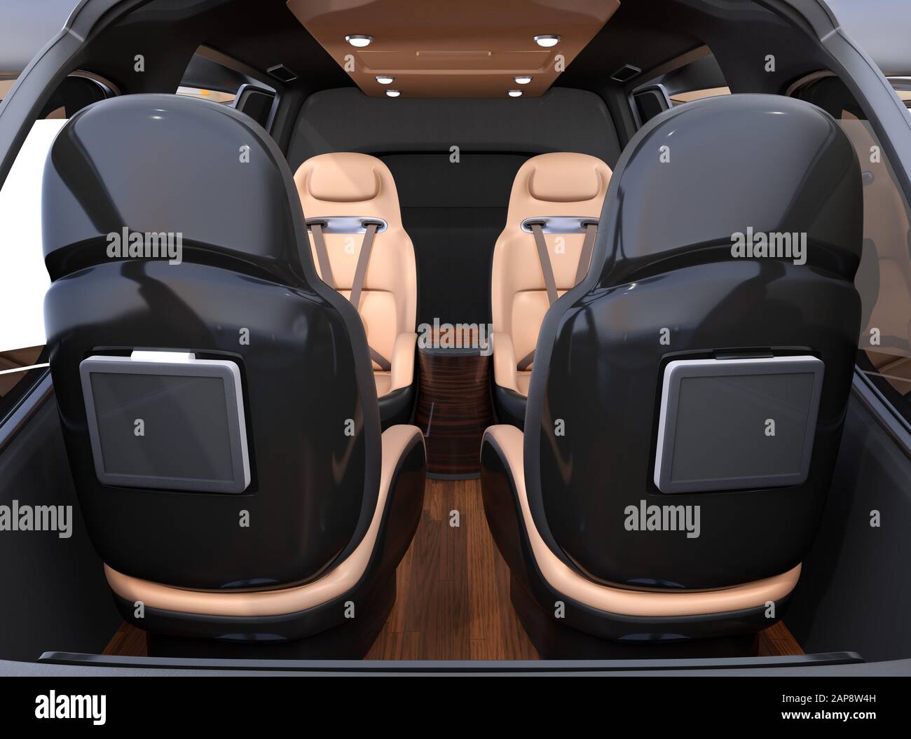 Luxury interior of flying car (air taxi) with comfortable leather seats ...