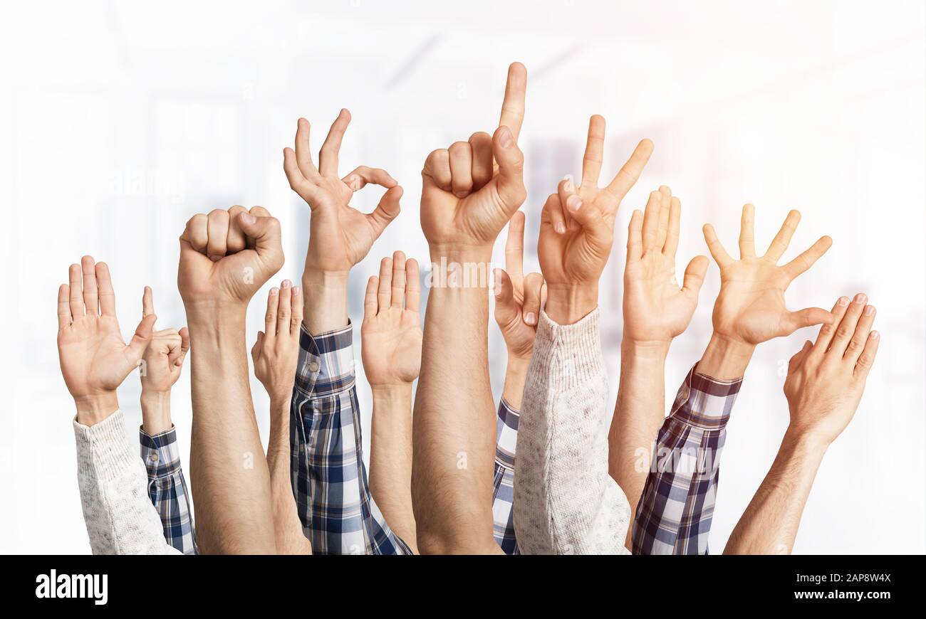 Row of man hands showing various gestures Stock Photo - Alamy