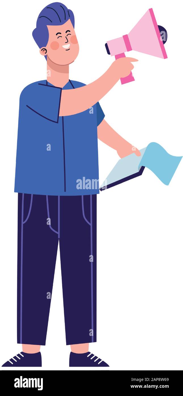 cartoon man with megaphone and clipboard, colorful design Stock Vector ...