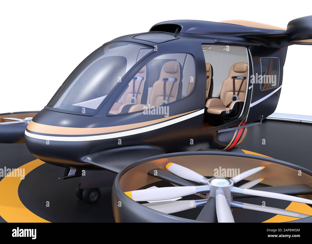 Close-up view of luxury flying car (air taxi) parking on heliport. 3D ...