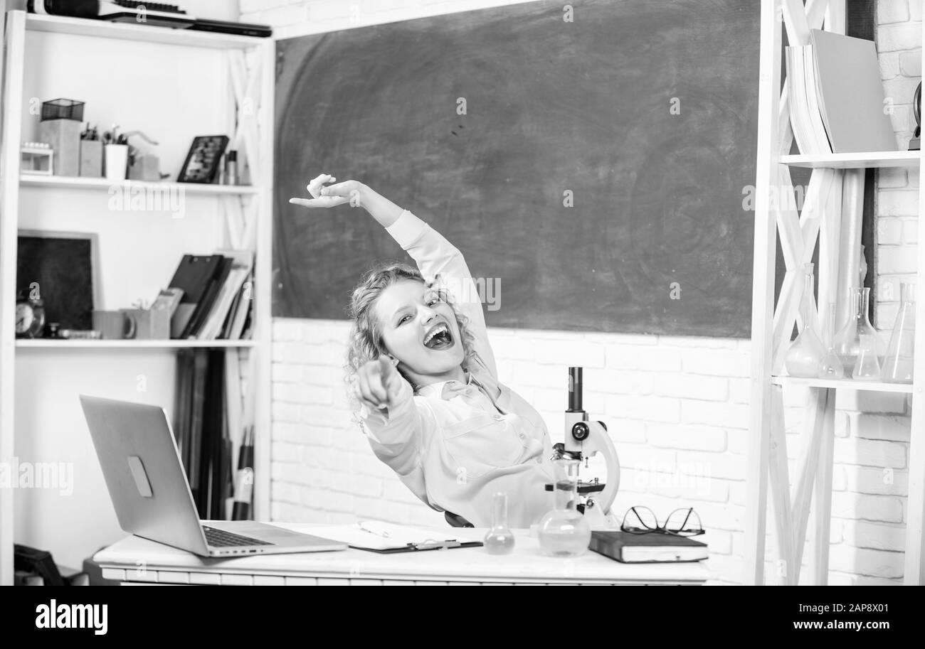 Teacher adorable woman try to relax in classroom. Just relax. Find way ...