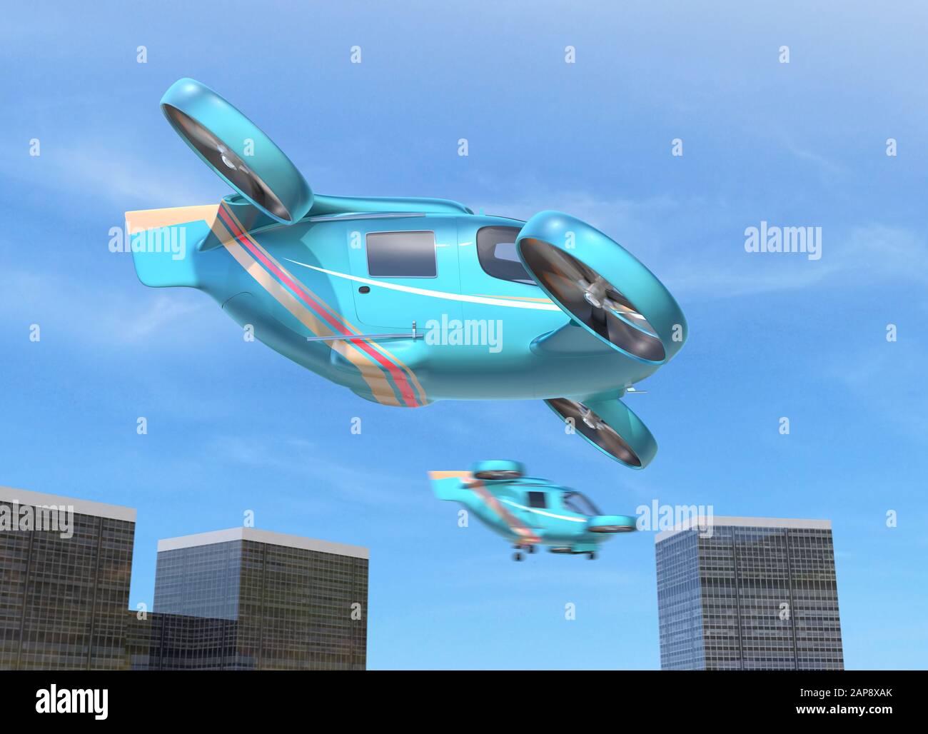 Metallic blue flying cars (air taxi) flying in modern city. Maas ...