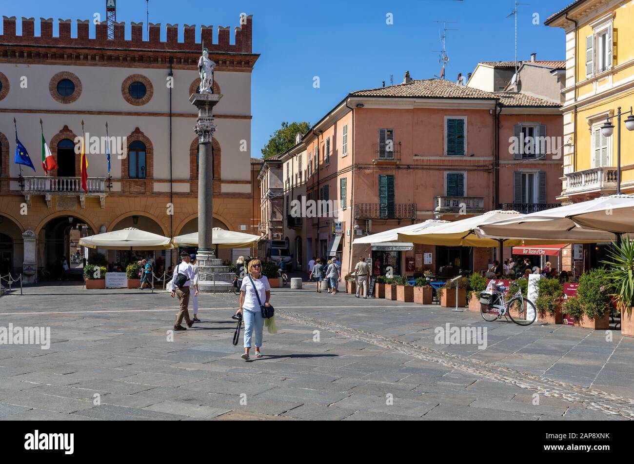 Ravenna, Italy - Sept 11, 2019: Town Square Piazza del Popolo with twin ...