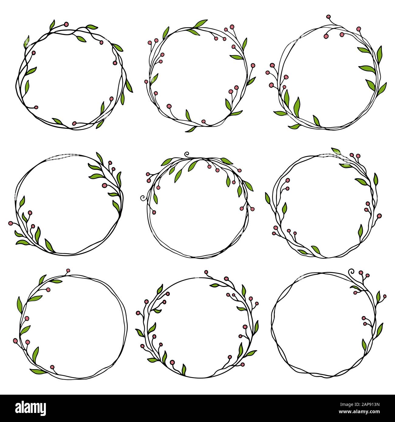 Hand drawn set of cicle floral frame. Border for banner, wedding ...