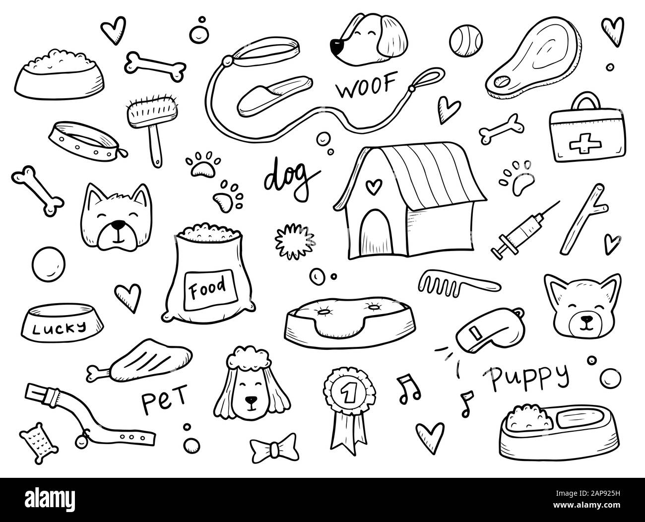 Hand drawn set of dog and pet accessories elements, bone, food, leash ...