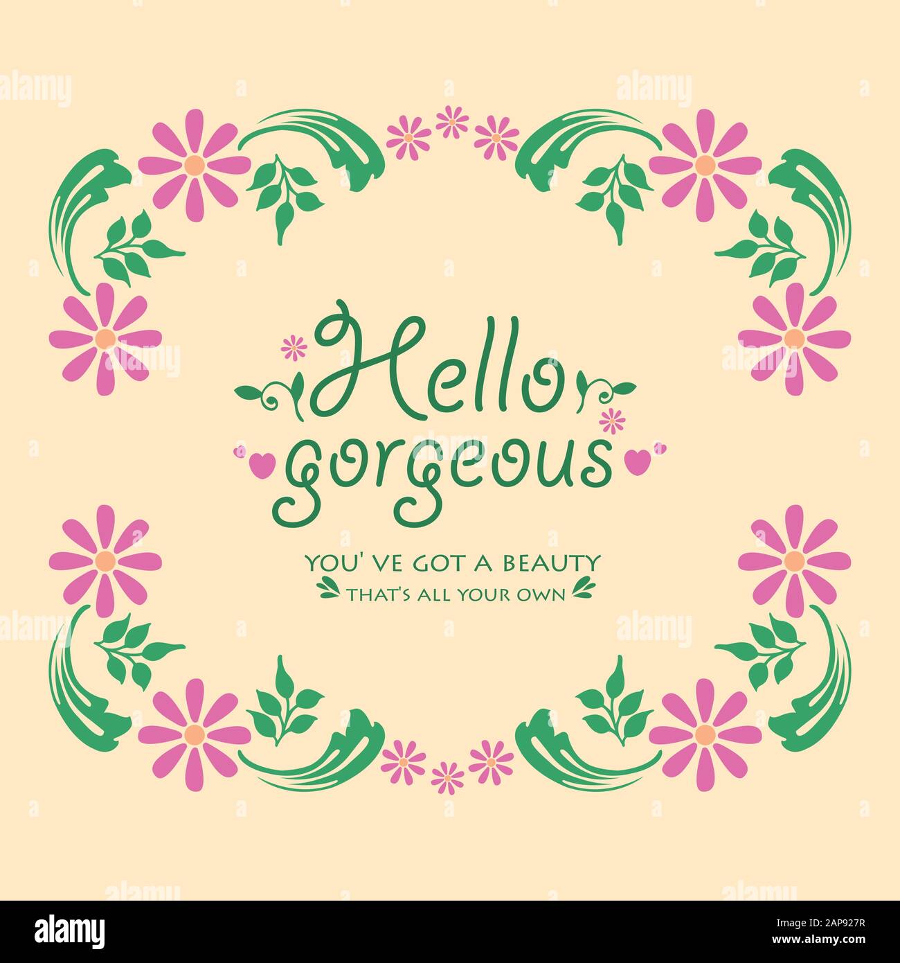 The hello gorgeous card design, with romantic leaf and pink wreath ...