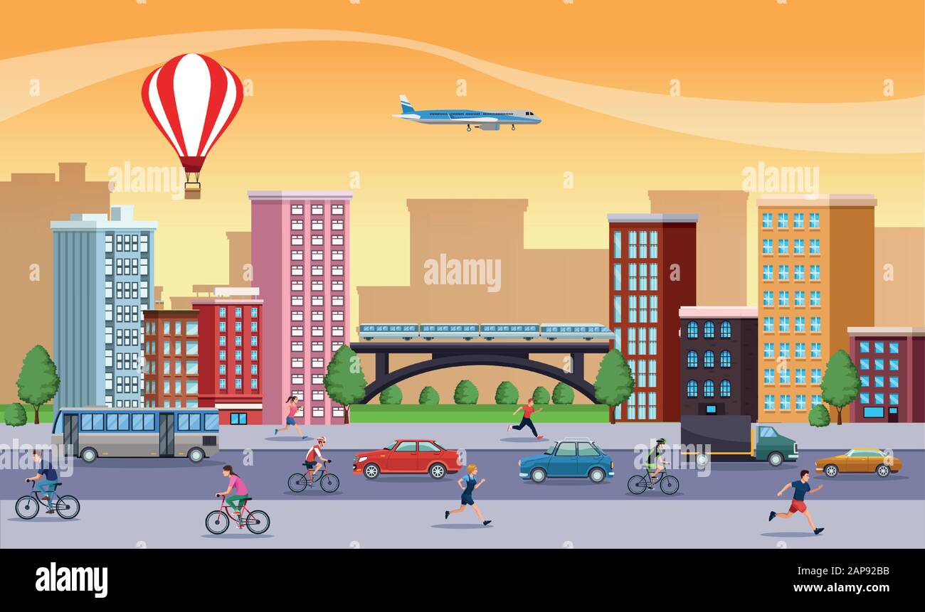 group of people running on the city with traffic Stock Vector Image ...