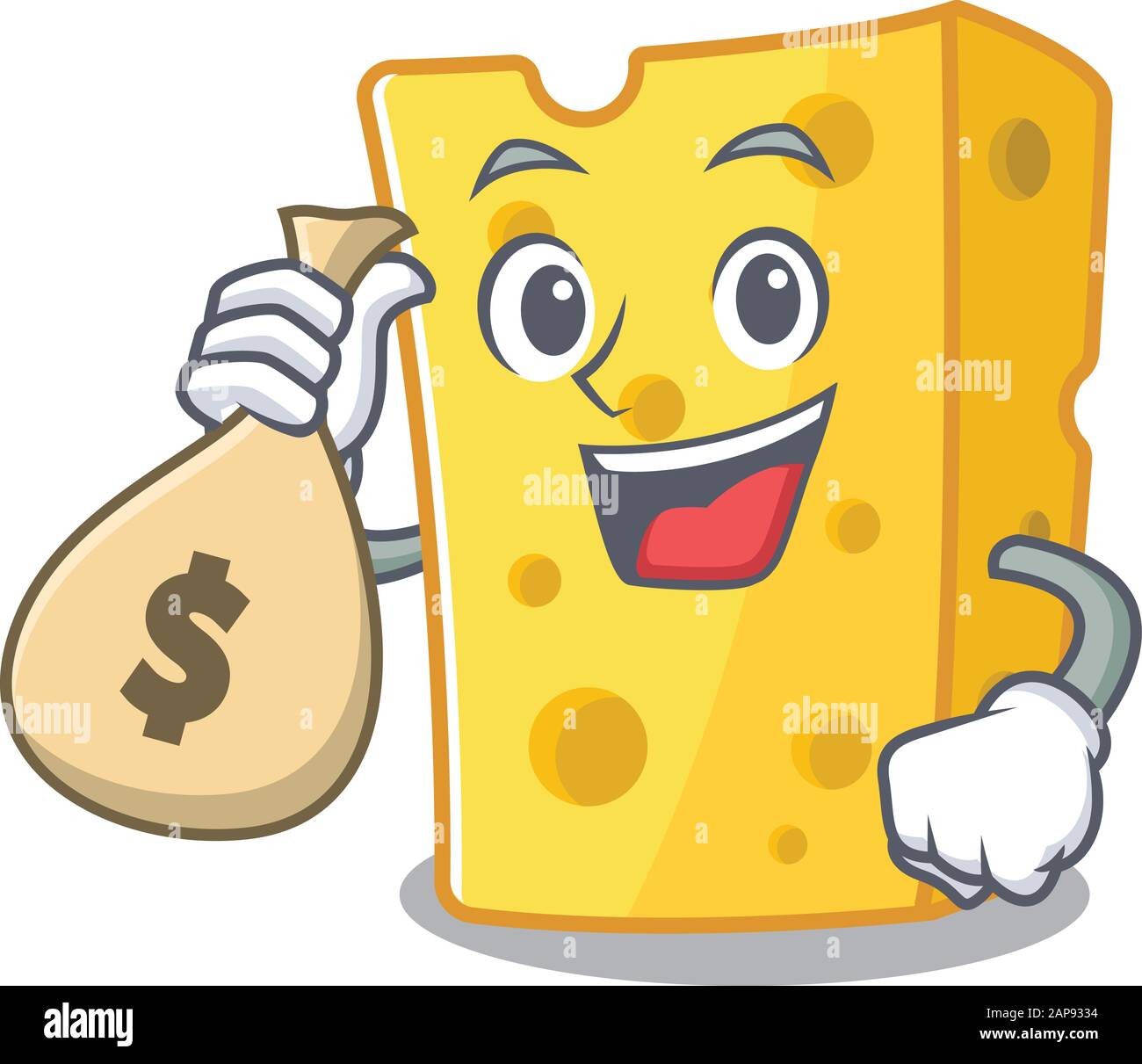 Happy rich emmental cheese cartoon character with money bag Stock ...