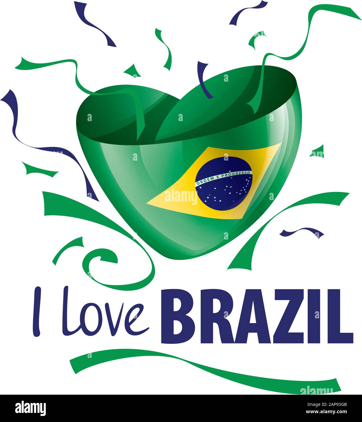 National flag of the Brazil in the shape of a heart and the inscription ...