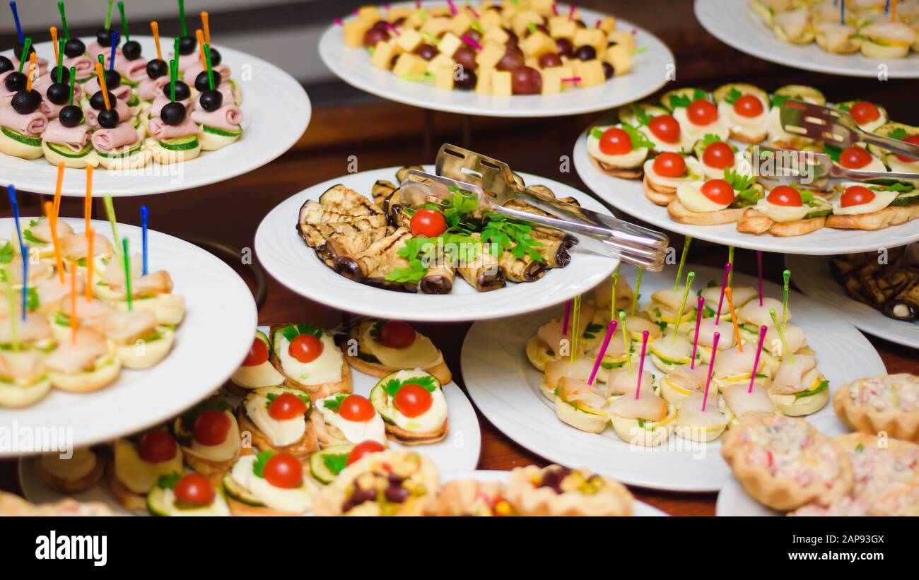 food buffet in restaurant, snack at the conference, catering Stock ...
