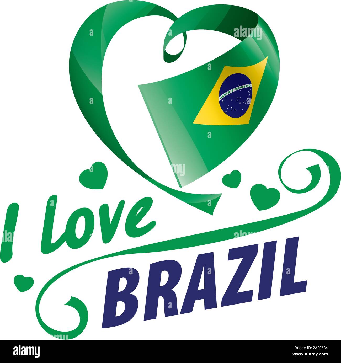 National flag of the Brazil in the shape of a heart and the inscription ...
