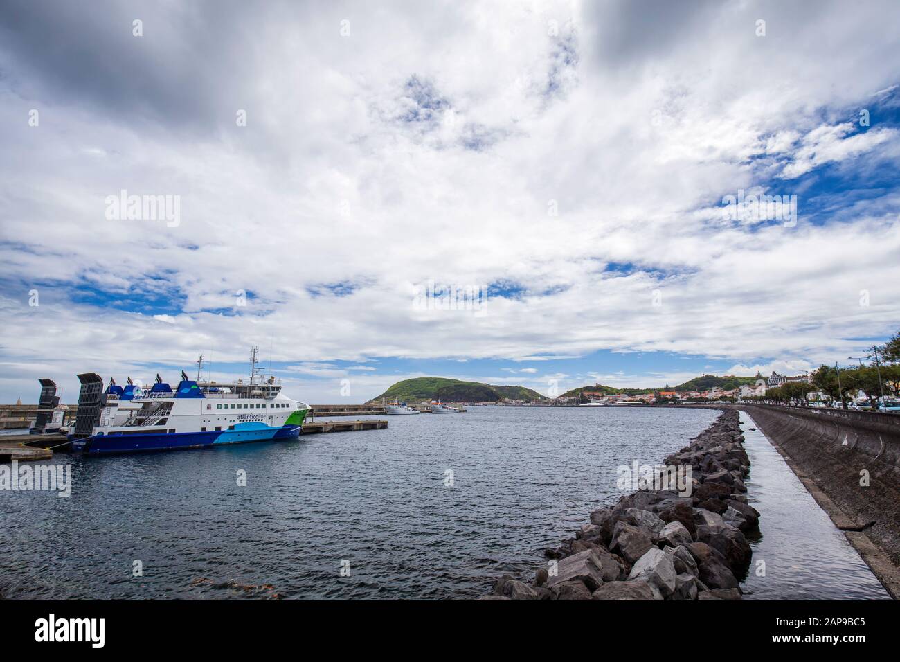 HORTA, PORTUGAL - AUGUST 11: A ferry gets ready to load passengers to ...