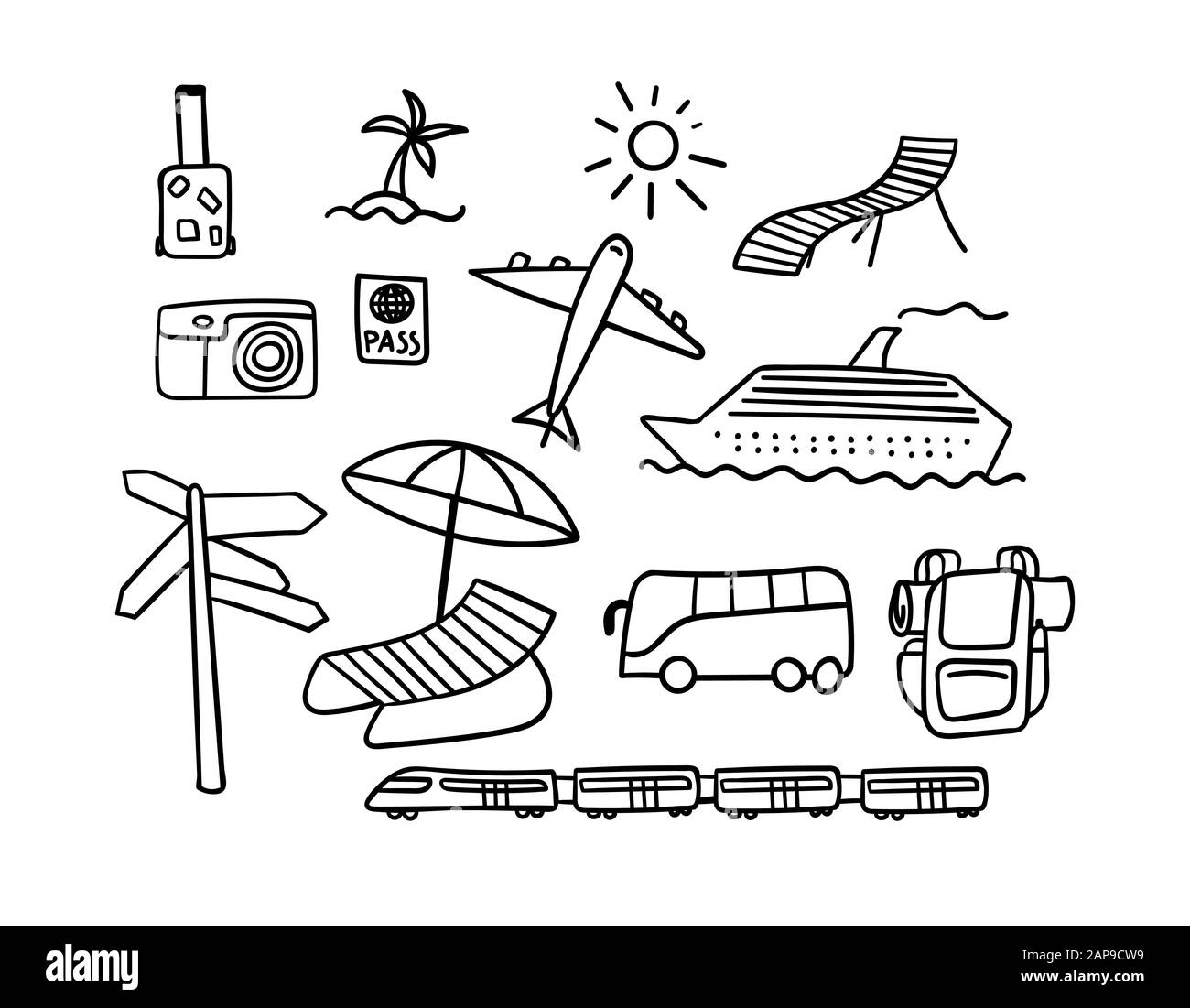 Set of hand drawn travel icons. Black outline objects isolated on white ...