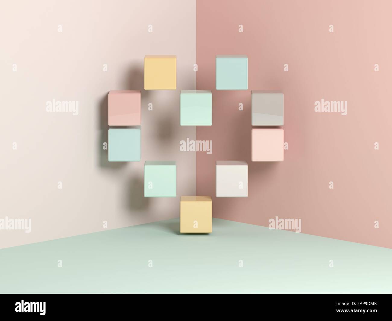 Minimal heart shaped installation of cubes, 3d rendering illustration ...