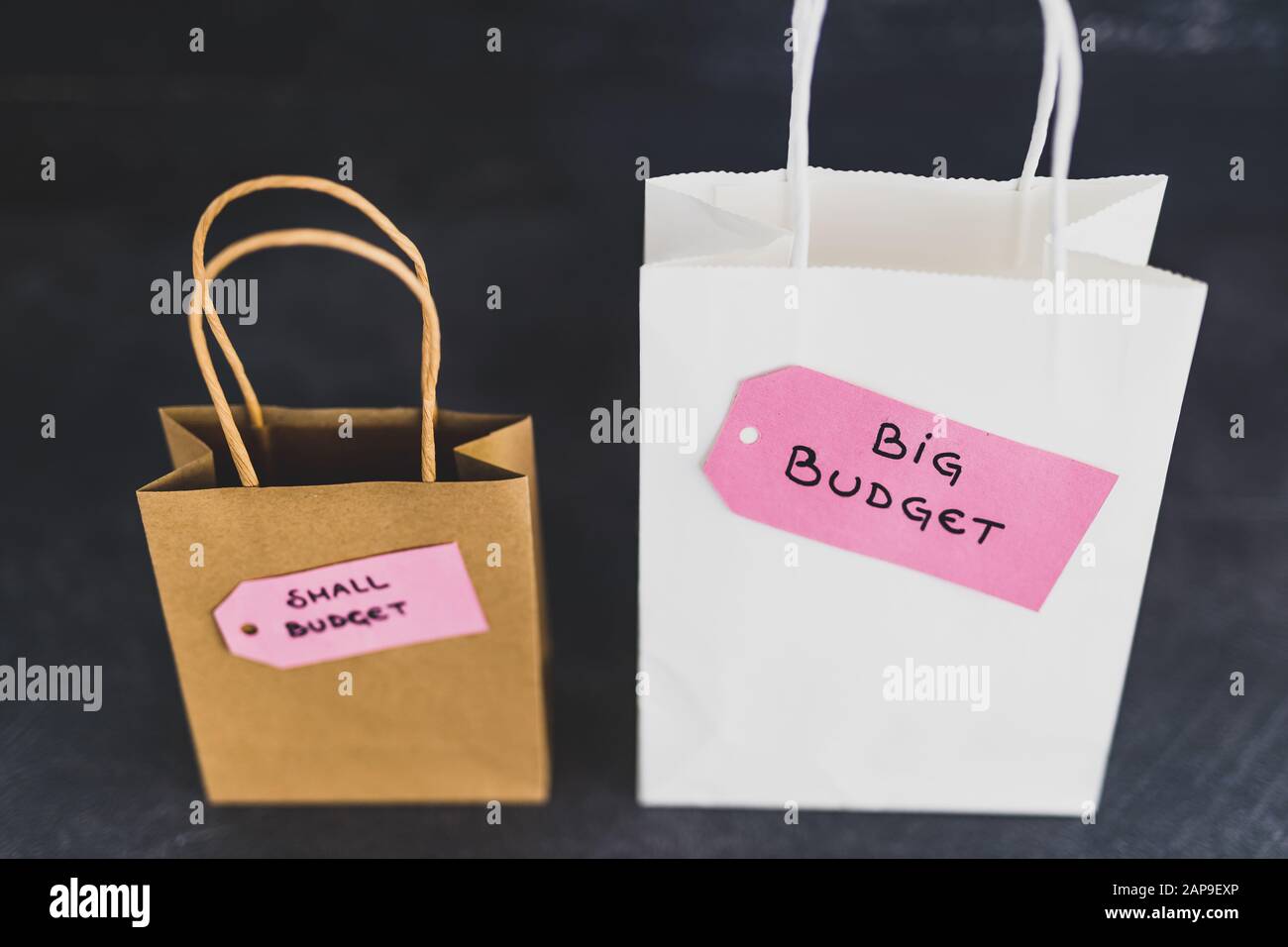 big vs small budget conceptual still-life, different size shopping bags ...
