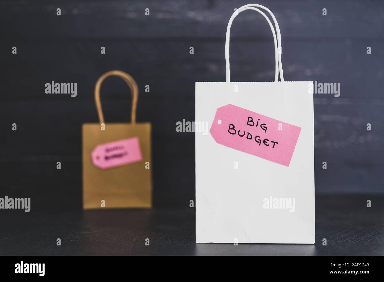 big vs small budget conceptual still-life, different size shopping bags ...