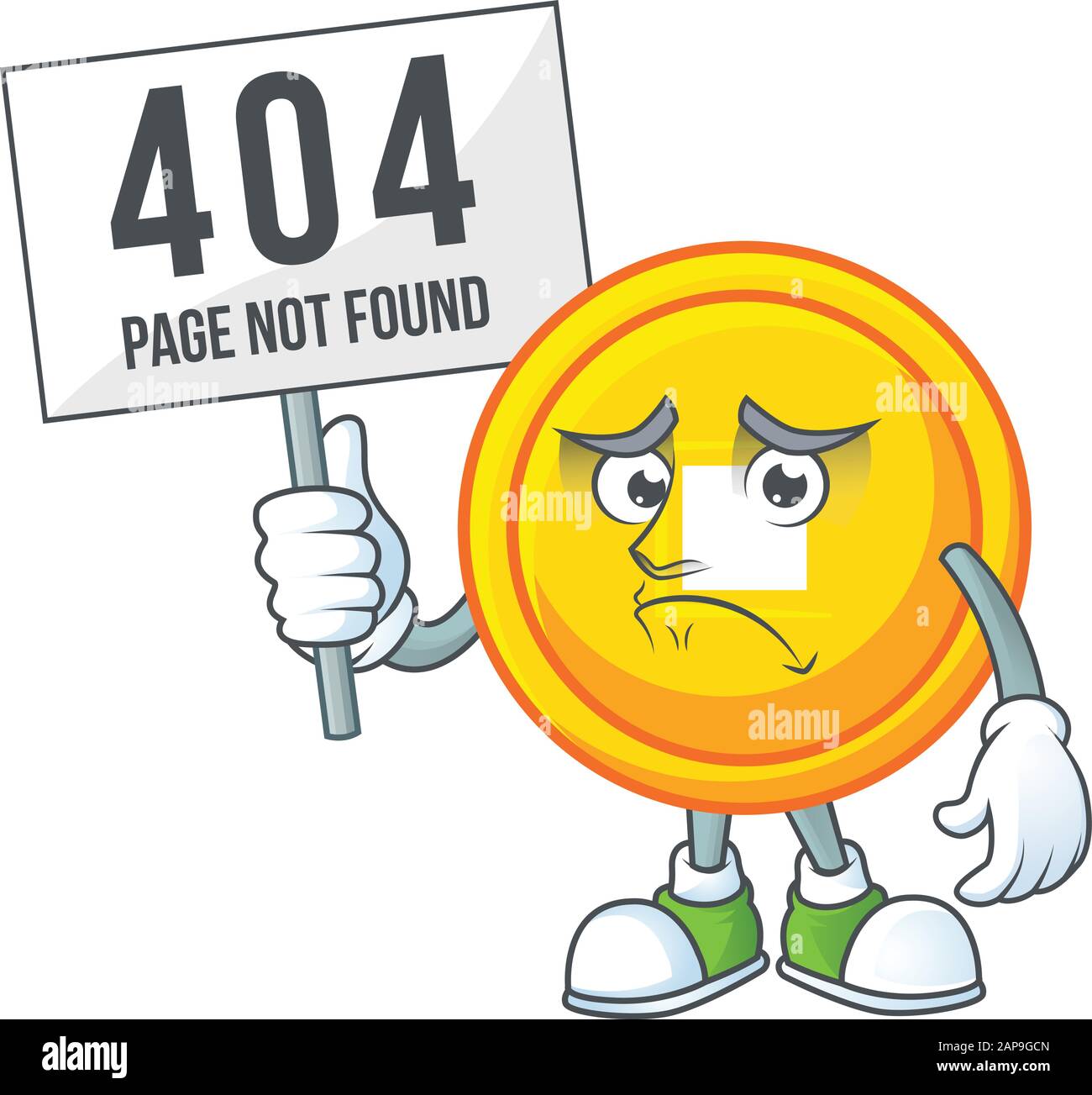 sad face mascot style of chinese gold coin raised up a board Stock ...