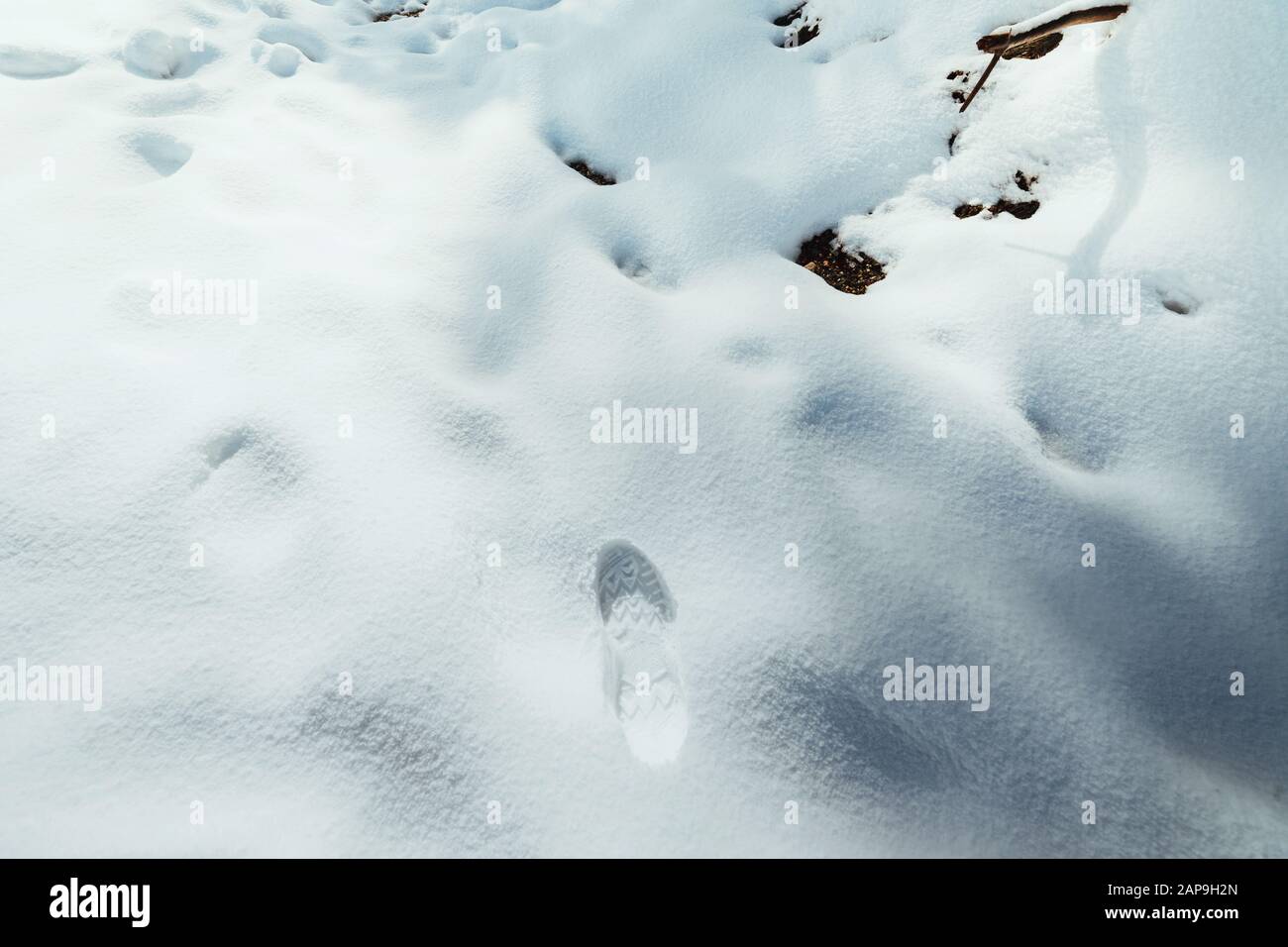 Footstep on the fresh friable snow Stock Photo - Alamy