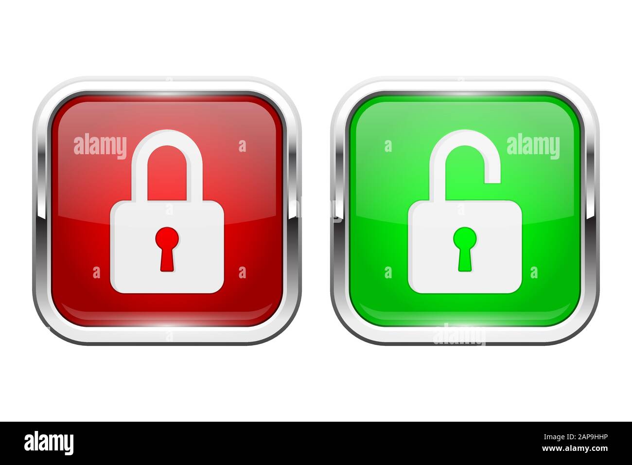 Locked and unlocked buttons. Glass 3d icons with chrome frame Stock ...