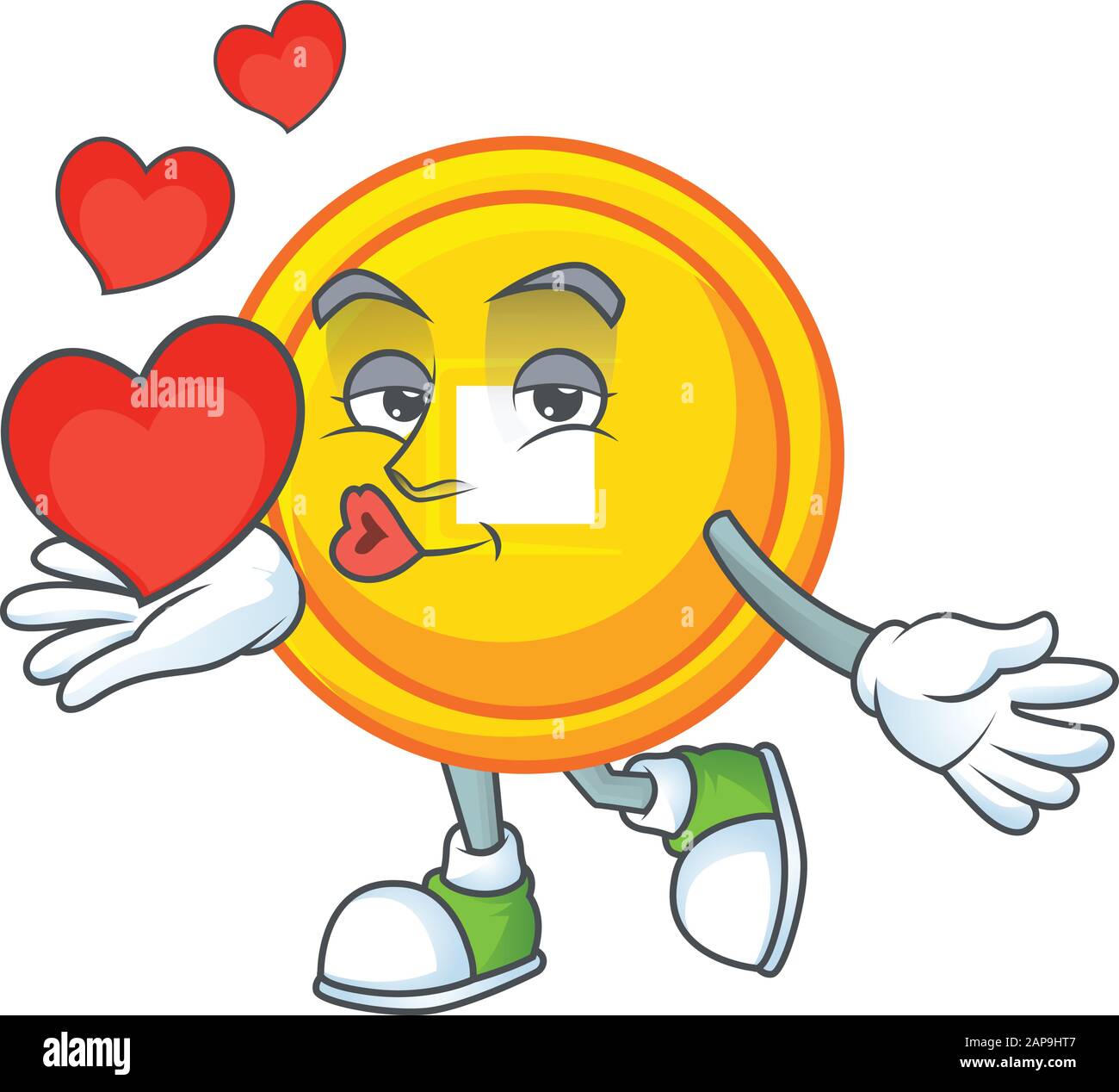 Funny Face chinese gold coin cartoon character holding a heart Stock ...