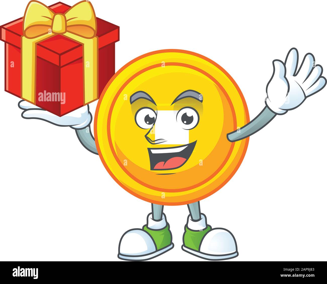 Happy face chinese gold coin cartoon character having a box of gift ...