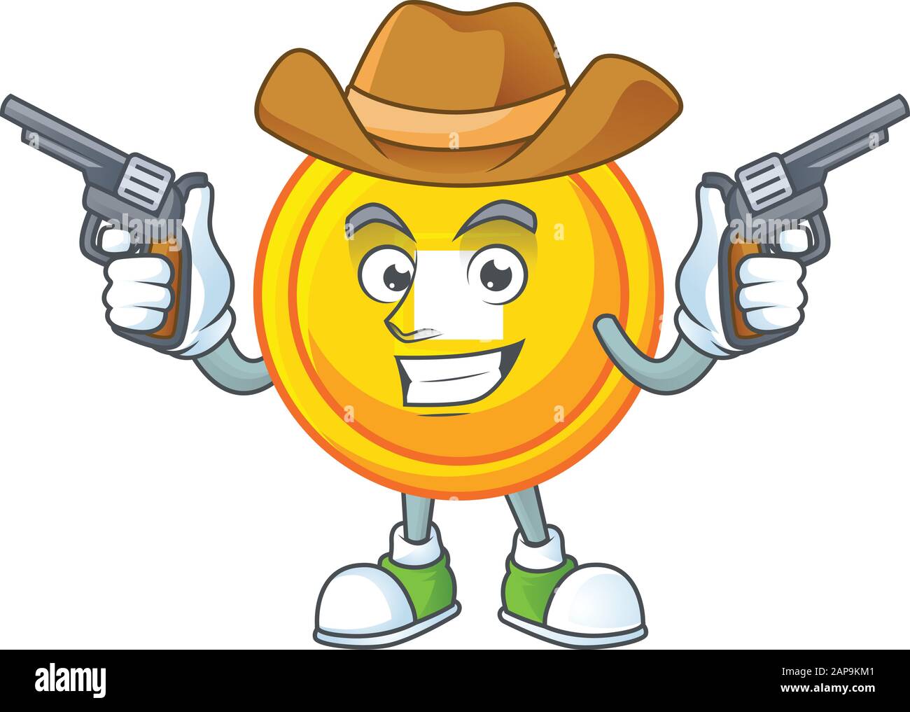 Confident chinese gold coin Cowboy cartoon character holding guns Stock ...