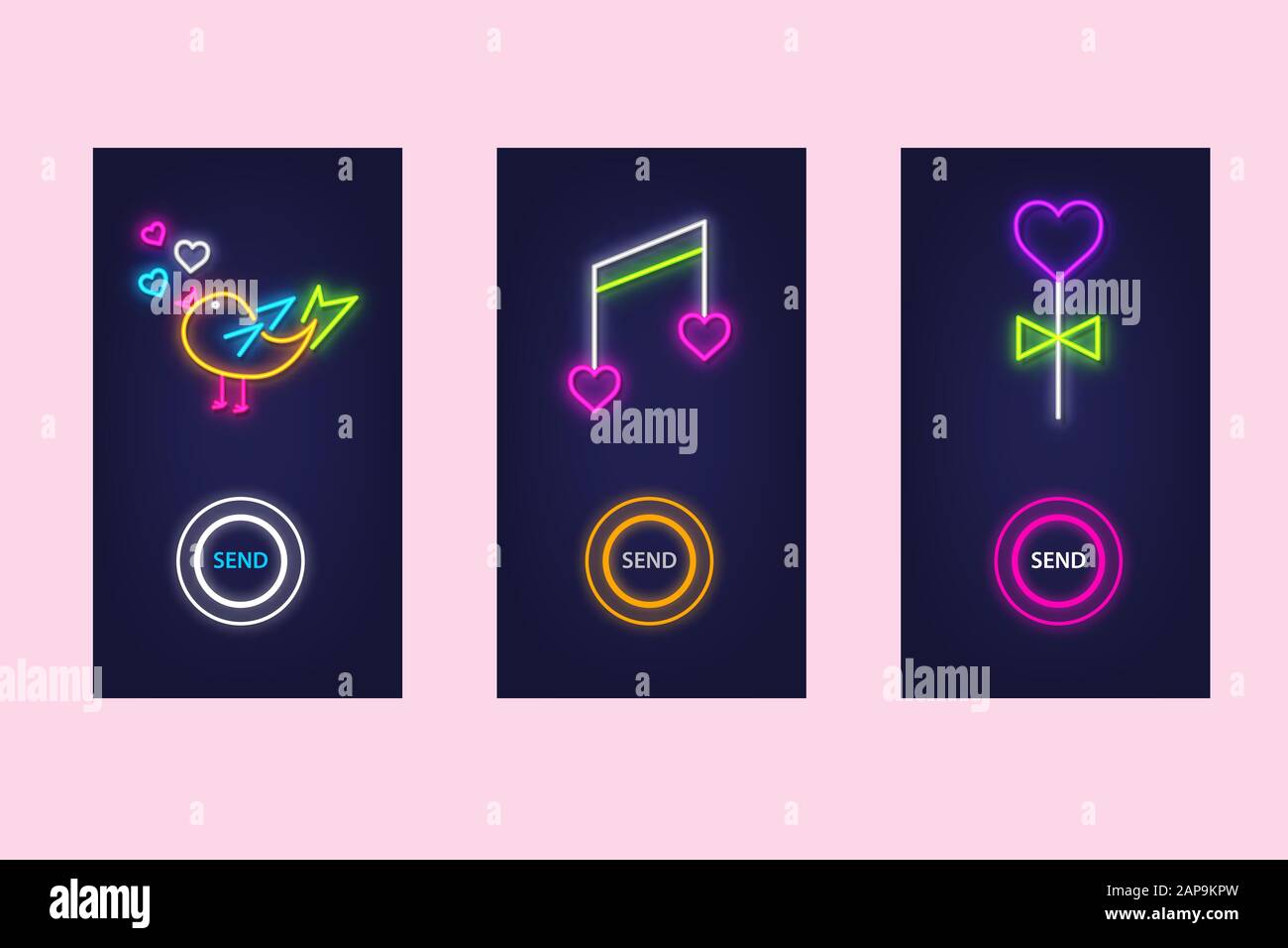 Love mobile app set with neon glow icons. Virtual love. UI design ...