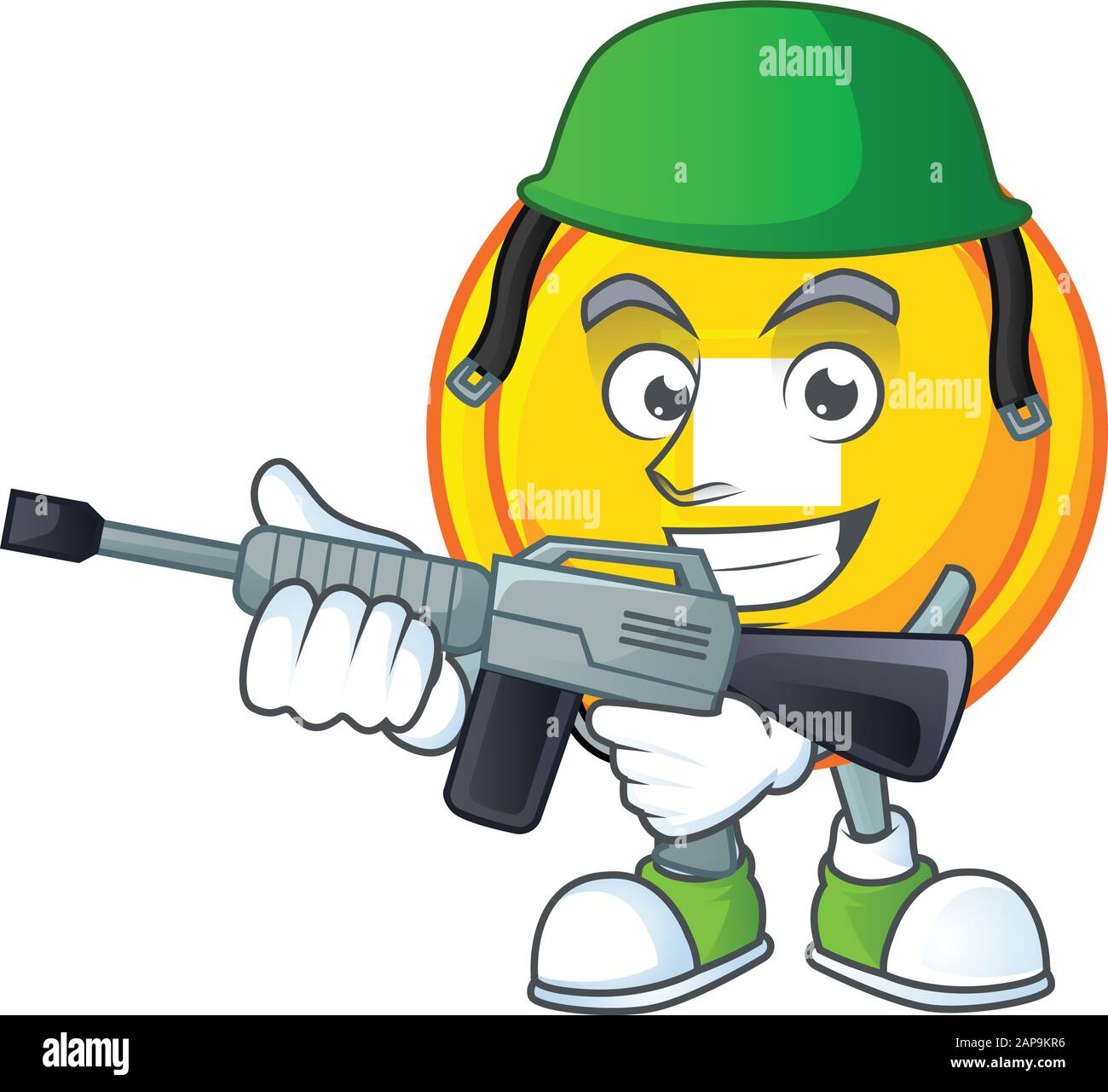 Chinese gold coin carton character in an Army uniform with machine gun ...
