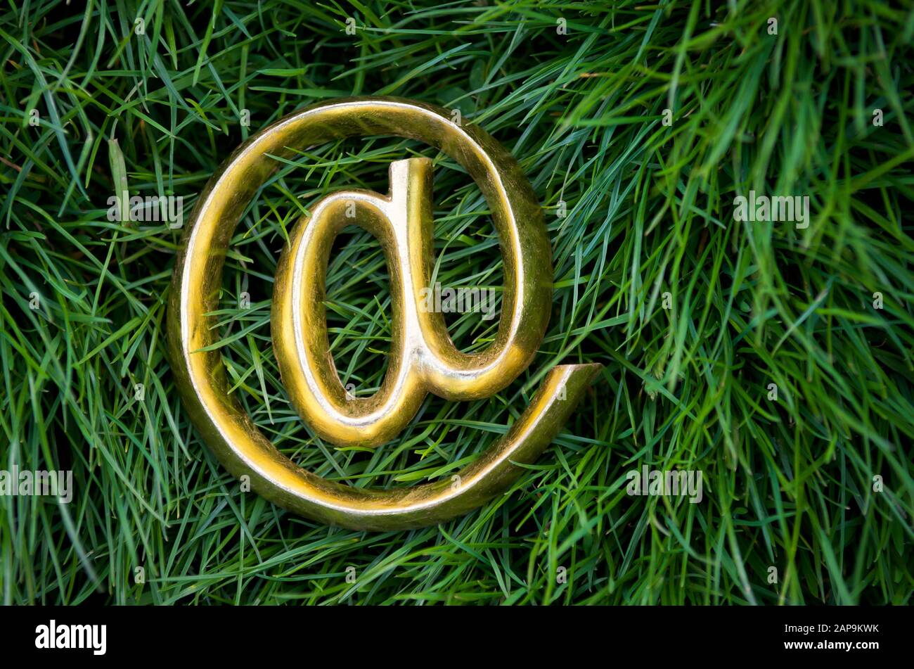 Golden at arroba sign sitting shining in lush green grass Stock Photo ...